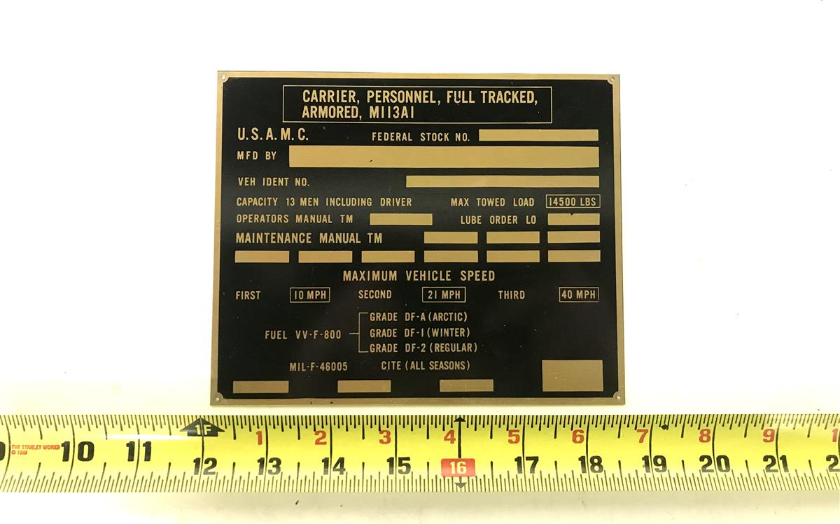 M113A1 Personnel Carrier Data Plate